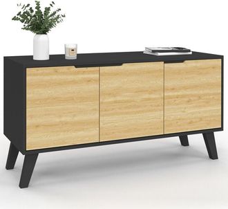 IDMarket Skandinavisches Lowboard 113 cm FINN schwarz 3 Türen in Buchenholzoptik