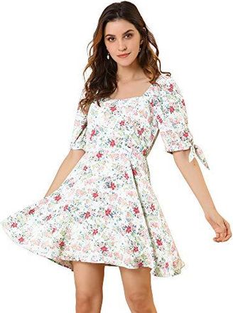 Allegra K Femmes Mini-Robe Évasée Ajustée Manches Bouffantes Col Coeur Fleurs Blanc XL