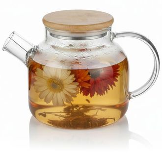 Arendo Glas Teekanne mit Siebeinsatz - Bambusdeckel - Fassungsverm&ouml;gen 1,4 Liter - hitzebest&auml;ndig - mit Siebeinsatz f&uuml;r Bl&uuml;tentee - einfache Reinigung - f&uuml;r 