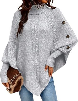 Generic Poncho Pull en Maille pour Femme, Coupe Ample, col roul&eacute;, Style Cape Chaude, id&eacute;al pour lautomne et lhiver, Gris, Taille M