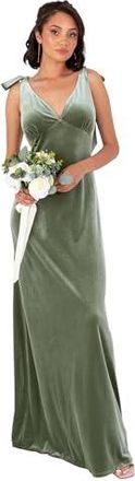 Maya Womens Long Velvet Maxi Dress Ladies A-Line Flowy Wedding Guest Bridesmaid Evening Occasion Prom Formal Party Ball Gown, Moss Green-Tie Shoulders, 46