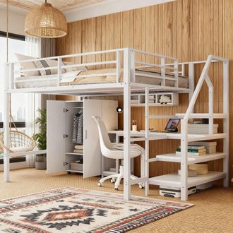 Generic Zwischengeschossbett 140x200 wei&szlig; - Kombiniertes Ankleidezimmer, Schreibtisch, Regale und integrierte Ablagefl&auml;che (ohne Matratze)