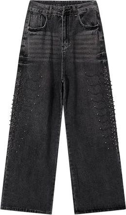 Generic Jean Homme Jeans Homme Week-End/Voyage Pantalon en Jean R&eacute;tro Entrejambe Tombant Ample Strass D&eacute;chir&eacute; - Bas Large Casual avec Embellissements Luxe