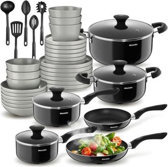 TecTake Set de cuisine 39 pi&egrave;ces, Service de table 6 personnes et Batterie de cuisine, Po&ecirc;les, Casseroles, Assiettes petites et grandes, Assiettes creuses, Bo