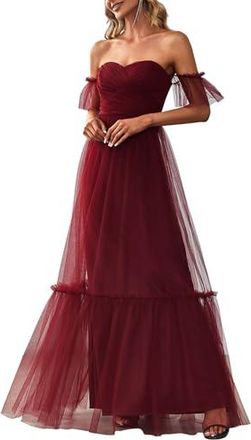 Ever-pretty Robe de Bal Femme Tulle Longue Épaules Dénudées A Line Bustier à Volants Plissé Chic Bordeaux 46