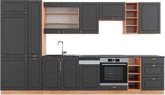 Vicco Küchenzeile Fame-Line, Anthrazit Landhaus/Goldkraft Eiche/Goldkraft Eiche, 355 cm, AP Anthrazit