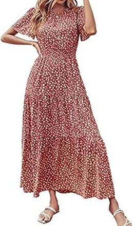 Generic Robe boh&egrave;me 2026 pour femmes, robe d&eacute;contract&eacute;e &agrave; manches courtes &agrave; motif floral, ligne trap&egrave;ze, robe midi smock&eacute;e, rose, M