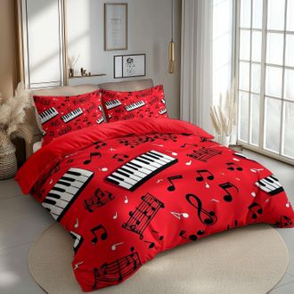 Generic Pflegeleichtes Bettw&auml;sche Set 3-teilig 135 x 200 cm Wendbarer Cartoon-Noten Klavier Mikrofaser Bettbezug mit Rei&szlig;verschluss, Eckb&auml;ndern & 2 Kissenbez&uuml;