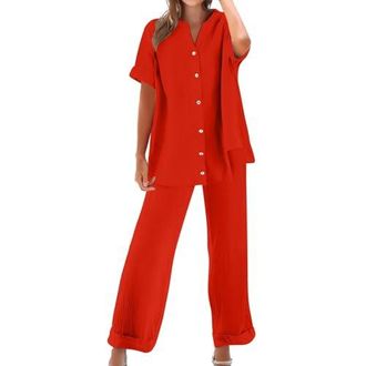 Generic Ensemble de pyjama 2 pi&egrave;ces &agrave; manches longues pour femme - V&ecirc;tement de d&eacute;tente tendance et confortable - Surv&ecirc;tement de nuit pour femme, Rouge, XXXXXL