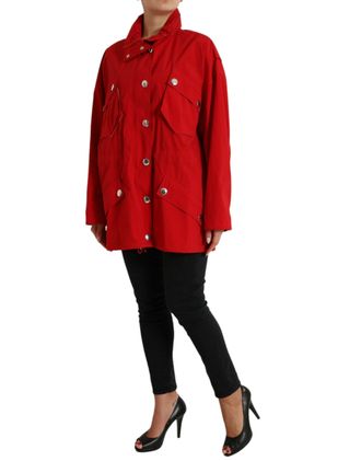 Dolce & Gabbana Womens Red Polyester Hooded Button Rain Coat Jacket Clothing