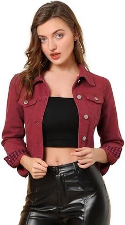 Allegra K Femmes Bouton Cou Manche Longues Basic Décontracté Tondu Denim Jean Veste Bordeaux L