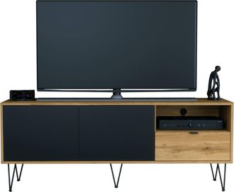 Vladon TV-Board Marino, Lowboard mit 2 Türen Schwarz matt und 1 Schublade Eiche Evoke, Made in Germany, Korpus Eiche Evoke (152,5 x 60,5 x 37 cm)