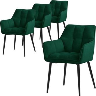 ML Design Lot de 4 Chaises Salle à Manger en Tissu Éponge, Vert Foncé, Chaises Cuisine avec Assise Rembourrée Épaisse et Pieds Métalliques, Dossier et