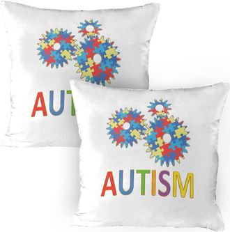 Abakuhaus Autismus Kissenbezug Packung mit 2, Bunte Auslegung des Wortlautes mit Cogwheel Gestaltet in Puzzle Stück Symbolische Muster, Dekorativer Gedruckter K