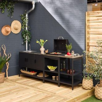 Sweeek Cuisine ext&eacute;rieure 3 modules acier inoxydable avec barbecue charbon noir Naxos