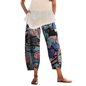 Generic Pantalon Ample Femme Imprim&eacute;s Floral- Pantacourt &eacute;t&eacute;,Pantalon Large Grande Taille Broderie L&eacute;ger La Gr&acirc;ce Taille Elastique Pantalons Casual Ample Flui