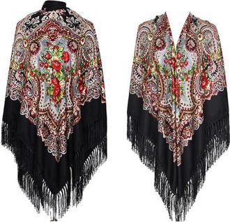 Generic Poncho Femme Hiver Chaud Chale Femme Hiver Chaud Cape Femme Effet enveloppant Grand Carr&eacute; 160X160 Cm Imprim&eacute; Pompons Style Ethnique Printemps-Automne