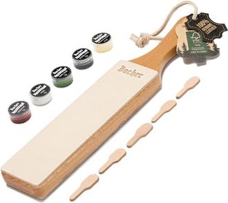 Bacher Strop daff&ucirc;tage en cuir - Manche en bois dur recouvert de cuir tann&eacute; v&eacute;g&eacute;tal de 3mm d&eacute;paisseur - Premium kit de 4 compos&eacute; de polissage daff&ucirc;tage