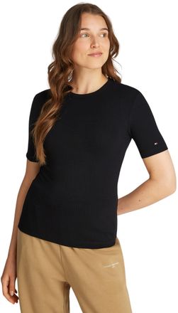 Tommy Hilfiger Damen T-Shirt Kurzarm Rib Rundhalsausschnitt, Schwarz (Black), M