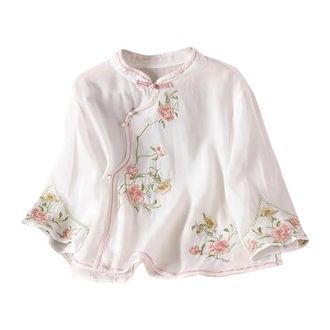 Generic Haut d&eacute;t&eacute; en lin pour femme, haut d&eacute;t&eacute; en coton jacquard r&eacute;tro &agrave; manches courtes, tunique en lin brod&eacute;, chemisier brod&eacute; confortable, chemise &agrave; manches