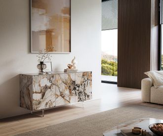 DELIFE Sideboard Cuor 150 cm Keramik Patagonia Poliert 3 T&uuml;ren Fu&szlig; Schwebeoptik Acrylglas, Sideboards