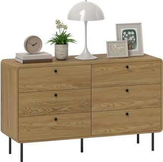 HOMCOM Commode 6 tiroirs, Meuble de Rangement étroit avec Pieds en Acier, Coins arrondis et poignées en Bois, Style Moderne, Commode pour Chambre à Coucher, 