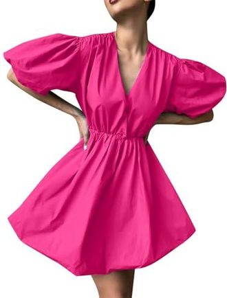 Generic Mini robe sexy &agrave; manches courtes bouffantes avec col en V et taille haute &eacute;lastique pour femme, robe d&eacute;t&eacute;, robe ample, robe de vacances pour femme, ro