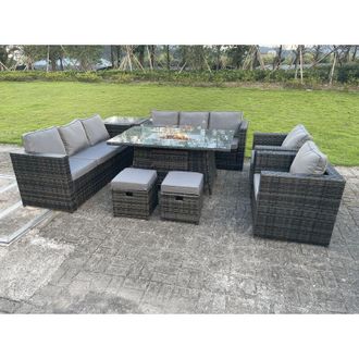 Fimous 10-Sitzer Outdoor Rattan Gartenm&ouml;bel Set Gas Feuerstelle Brenner Tisch Sets Lounge Gartensofa Set mit Stuhl Hocker Beistelltisch - Fimous