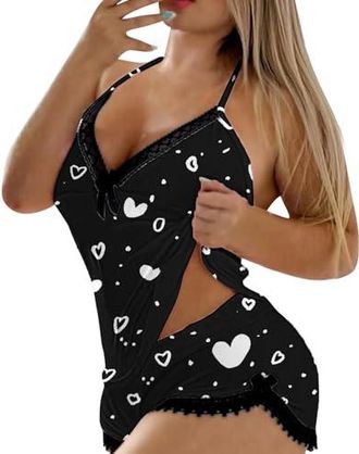 Generic Pyjama 2 pi&egrave;ces en laine double en soie de lait imprim&eacute; col en V pour la Saint-Valentin 2026, Noir, XL