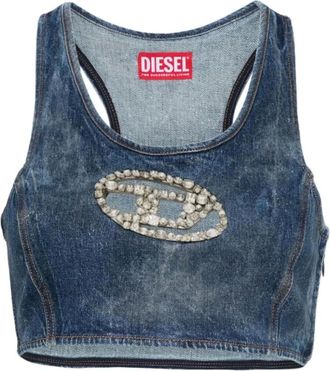 Diesel Femme, Tops, Bleu, Taille: 38 FR Crop Top en denim orn&eacute;