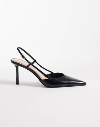 Mango Chaussures &agrave; talon en cuir avec bride arri&egrave;re et lani&egrave;res fines - Noir