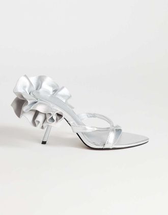 Topshop Ophelia - Sandales en cuir v&eacute;ritable &agrave; talon haut et volants - Argent&eacute;