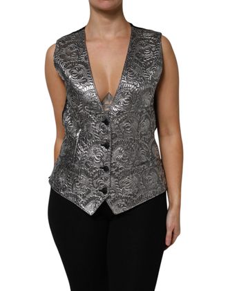 Dolce & Gabbana Womens Silver Floral Jacquard Sleeveless Vest Top
