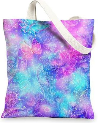 Generic Sac fourre-tout en toile motif papillon, sacs à provisions réutilisables colorés, sacs à bandoulière légers 33 x 38 cm