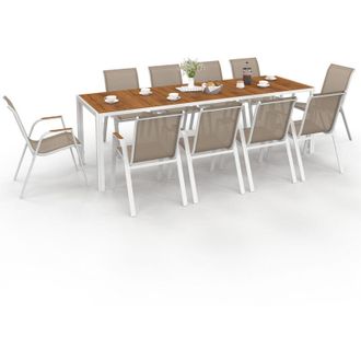 IDMarket Salon de jardin NOUMEA table 240 cm plateau verre tremp&eacute; effet bois et 10 chaises empilables blanc et bois