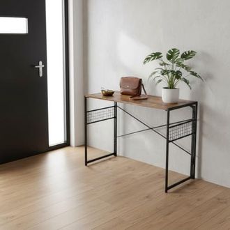 Furniture R Moderner Konsolentisch für den Flur, 100x50x72cm, Vintage-Holzoptik & Metallrahmen, Flurmöbel Set, Schmaler Schreibtisch mit Haken