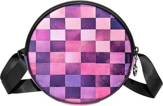 Generic Sac &agrave; bandouli&egrave;re Circle pour femme, motif damier violet, petit sac &agrave; bandouli&egrave;re avec fermeture &eacute;clair, bretelles r&eacute;glables, sac &agrave; main rond d&eacute;contra