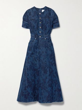 Erdem Robe Midi En Jean &Agrave; Imprim&eacute; Fleuri Et &Agrave; Finitions En Cuir - Bleu