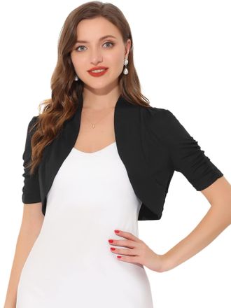 Allegra K Damen Kurzarm Elegant R&uuml;schen Festlich Bolero Vorne Offen Crop Jacke Shrug Schwarz XS