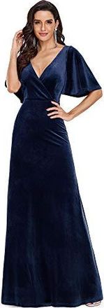 Ever-pretty Robe de Soirée Col en V Velours A-Line Élégante Rétro Manches Courtes Femme Bleu Marine 56