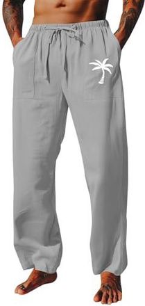 Generic Pantalon d&eacute;t&eacute; en lin respirant pour homme - Pantalon de plage blanc - Coupe ajust&eacute;e - Taille &eacute;lastique - Pantalon de jogging pour homme - Pantalon de 