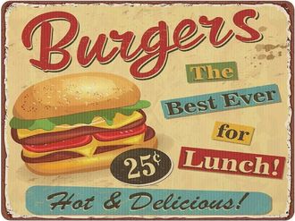 Hdadwy Burgers Blechschild Metallschild Kunst zum Aufhängen Eisen Gemälde Retro Heim Küche Garten Garage Wanddekoration 30,5 x 40,6 cm
