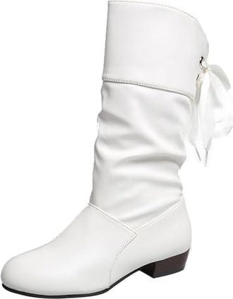 Generic Bottes dhiver chaudes et imperméables plissées mi-mollet confortables à bout rond et talons bas à lacets pour femmes et filles, blanc, 39.5 EU
