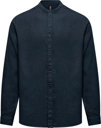 Bomboogie Homme, Chemises, Bleu, Taille: L Chemise en lin &agrave; col mandarin