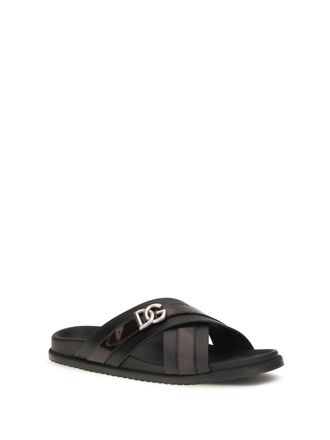 Dolce & Gabbana Mens Smooth Calf Leather Slide Sandals Nero-Cacao Nero/cacao