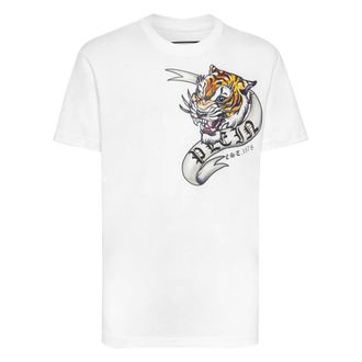 Philipp Plein Homme, Tops, Blanc, Taille: 4XL T-Shirt Col Rond Tattoo