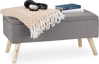 Relaxdays Sitzbank mit Stauraum, gepolstert, Holzbeine, Truhenbank Stoffbezug, HxBxT: 39,5 x 79,5 x 39,5 cm, hellgrau
