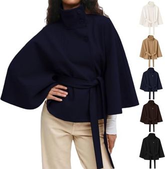 Generic Ponchos à manches chauve-souris pour femme, manteau en laine mélangée, surdimensionné, court, élégant, col montant, vêtements dextérieur avec ceinture