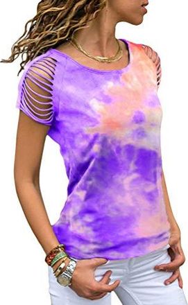 ORANDESIGNE T-Shirt Femme à Manches Courtes Tie Dye Grande Taille Été Ample Casual Tee Shirt Top Col en V Imprimé Colorées Mode Blouse Haut 02 Violet 42