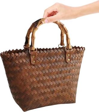 Minkissy Sac Paille Tress&eacute;e Vintage avec Anse Bambou Grand Cabas Plage Femme Polyvalent Sac &Eacute;paule Fond Rigide pour Sorties et Courses
